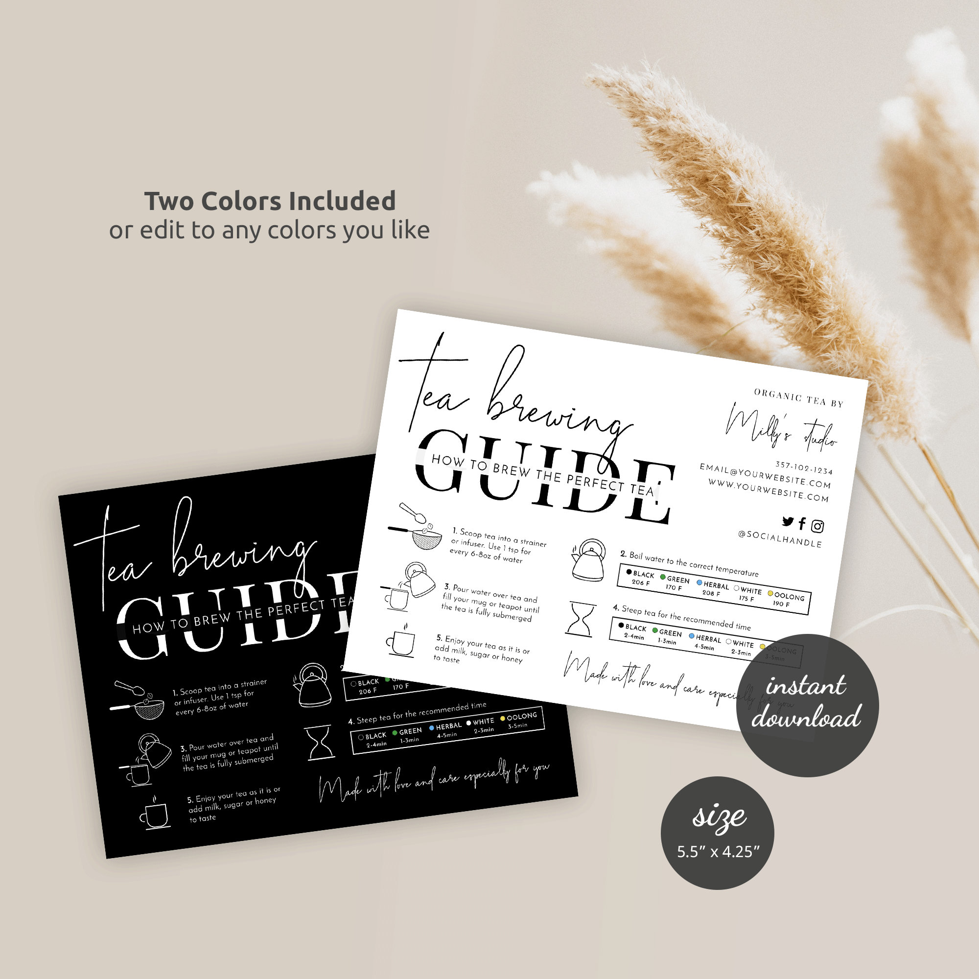 Editable Tea Brewing Guide, Loose Tea Steeping Instructions Template ...