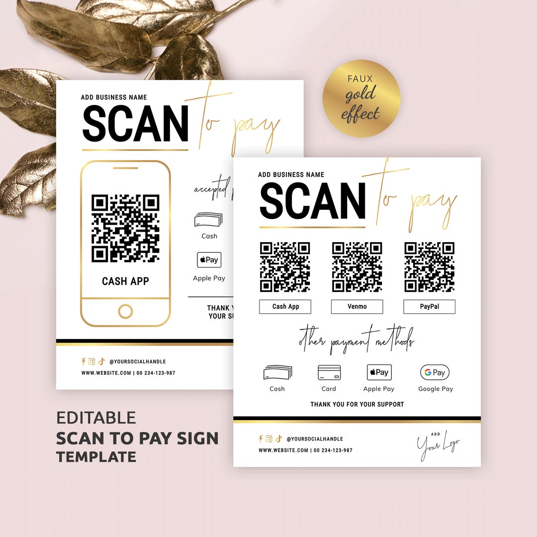 Payment QR Code Sign Template, Black & Gold Scan to Pay Poster 5x7 ...