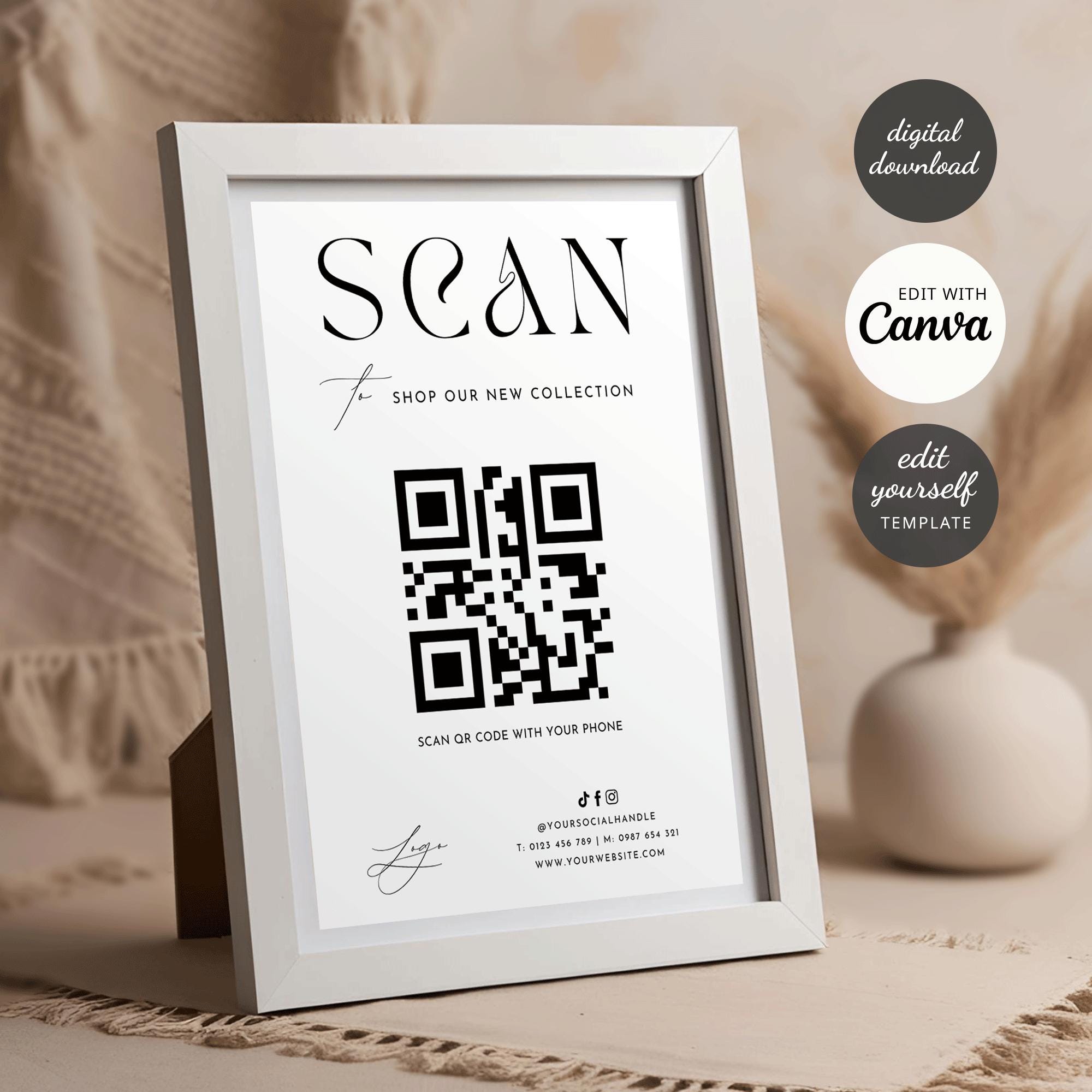 QR Code Sign Canva Template, Minimalist Scan QR Link Board 8x10 ...