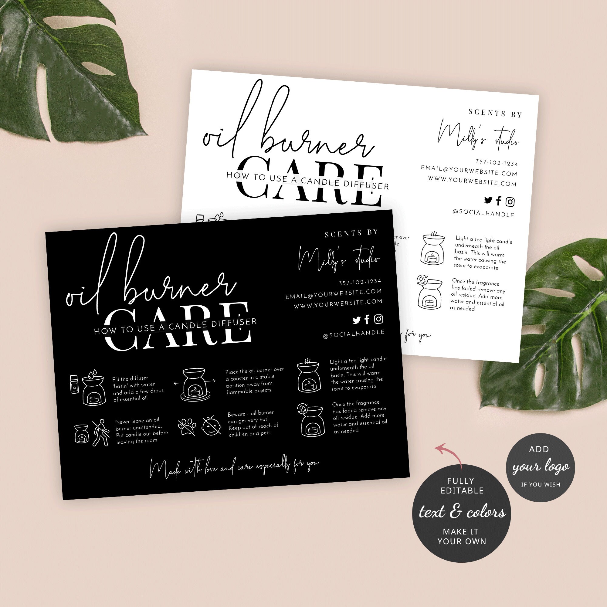Oil Burner Care Card Template, Editable Tea Light Candle Diffuser ...