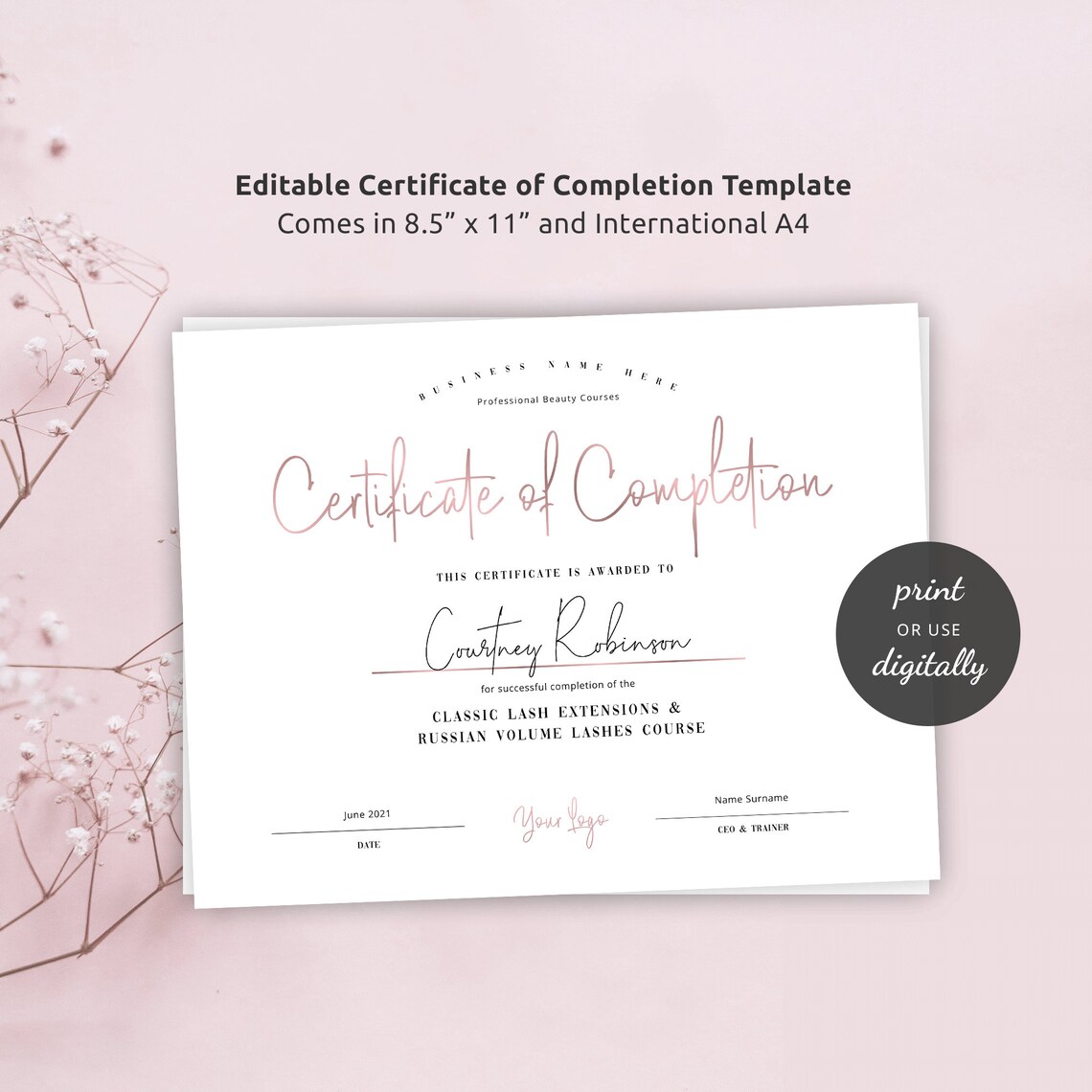Rose Gold Completion Certificate Template Customizable - Etsy
