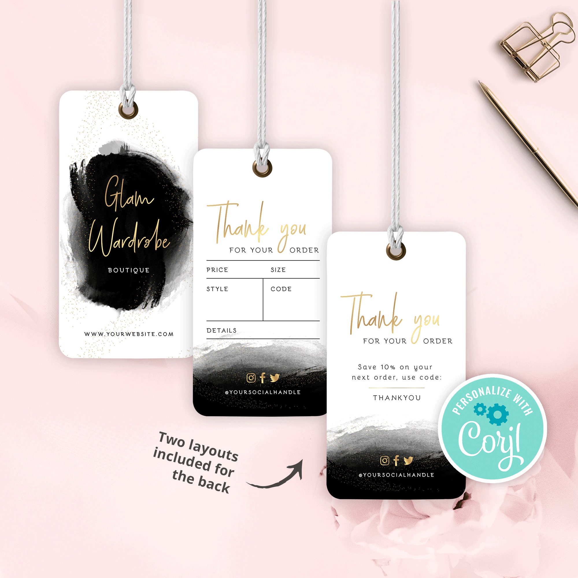 Black & Gold Hang Tag Template, Editable Swing Tag Design, Printable ...