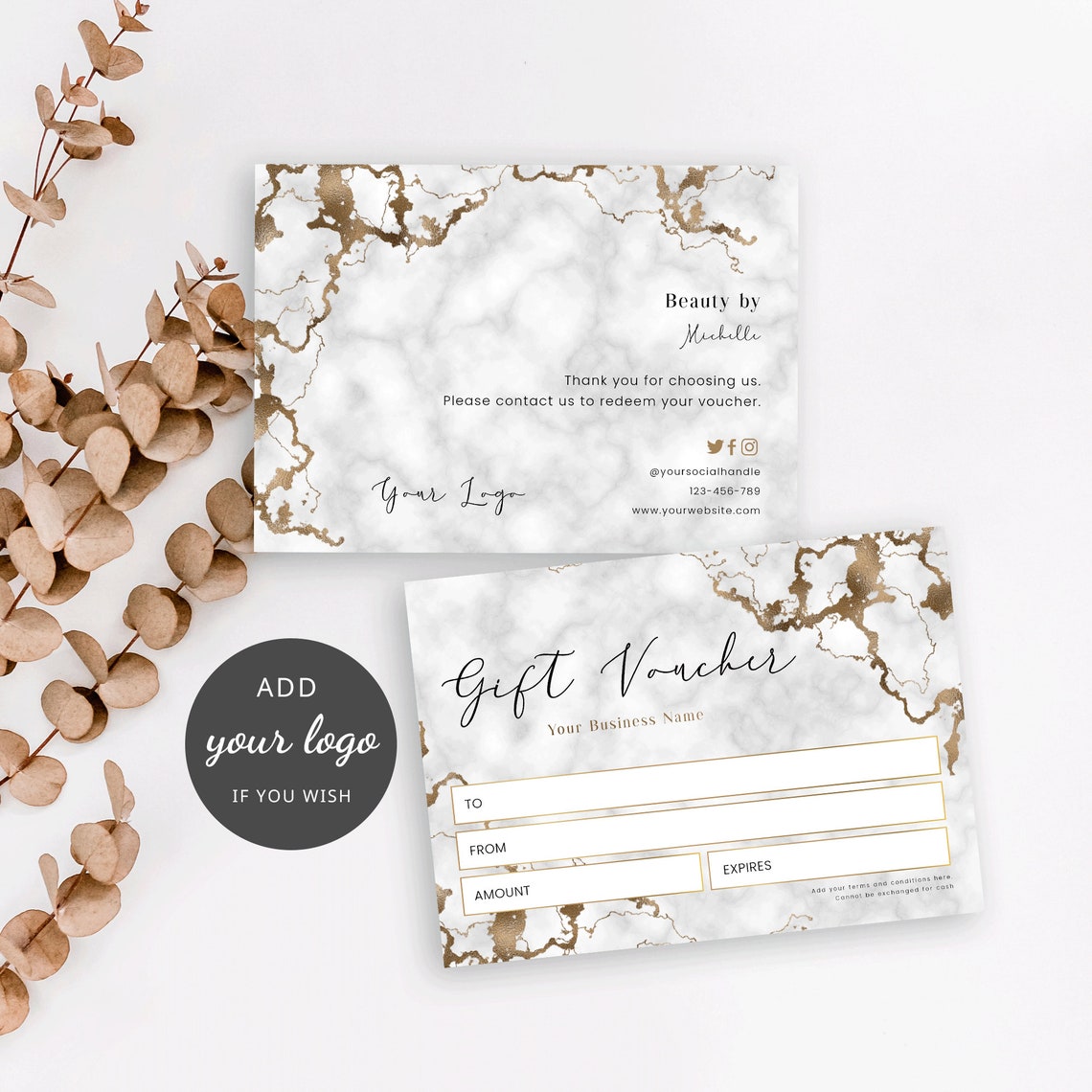 DIY Gift Voucher Template, Editable Gift Certificate Design, Marble and ...