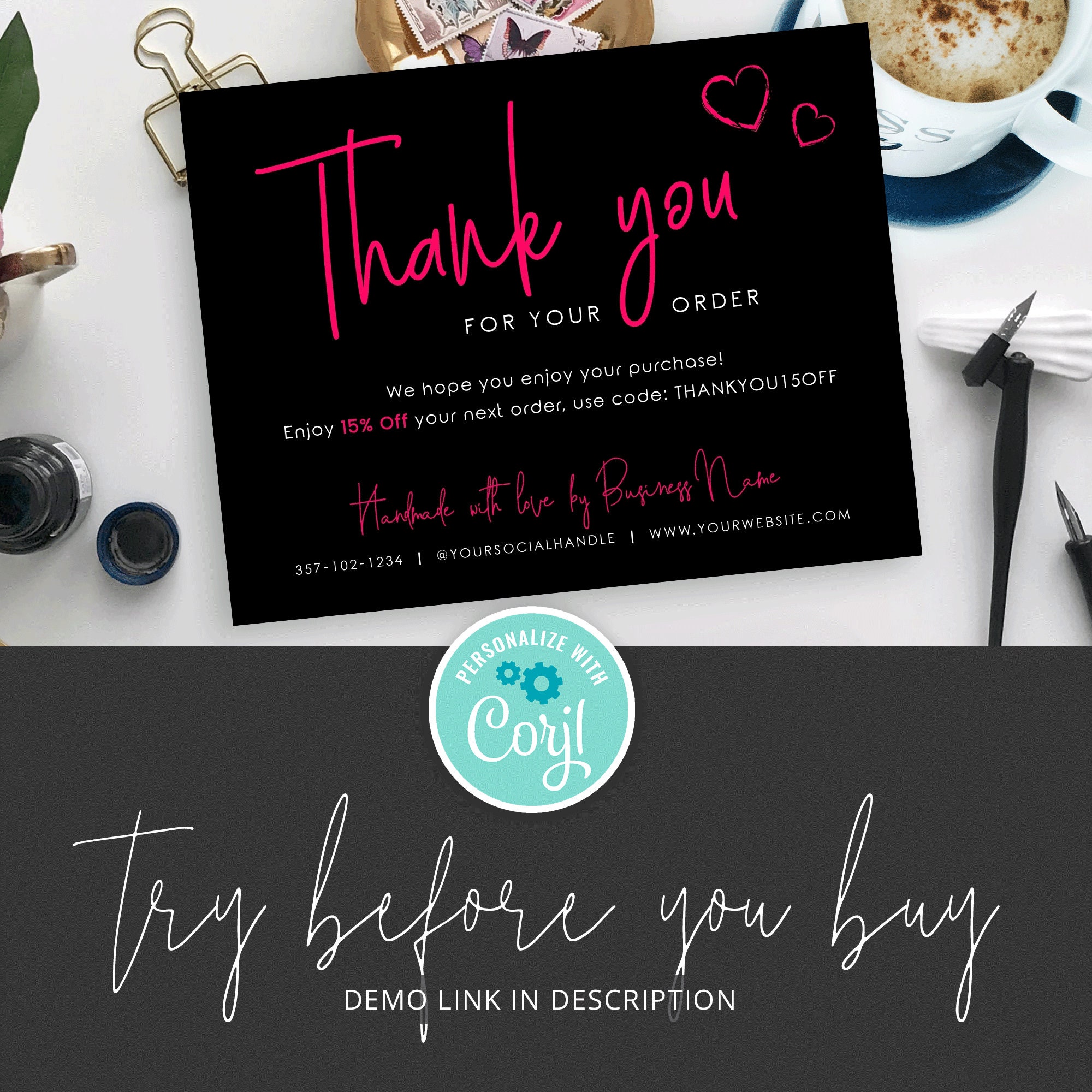 Glowy Pink Thank You for Order Card Template Editable Thank | Etsy