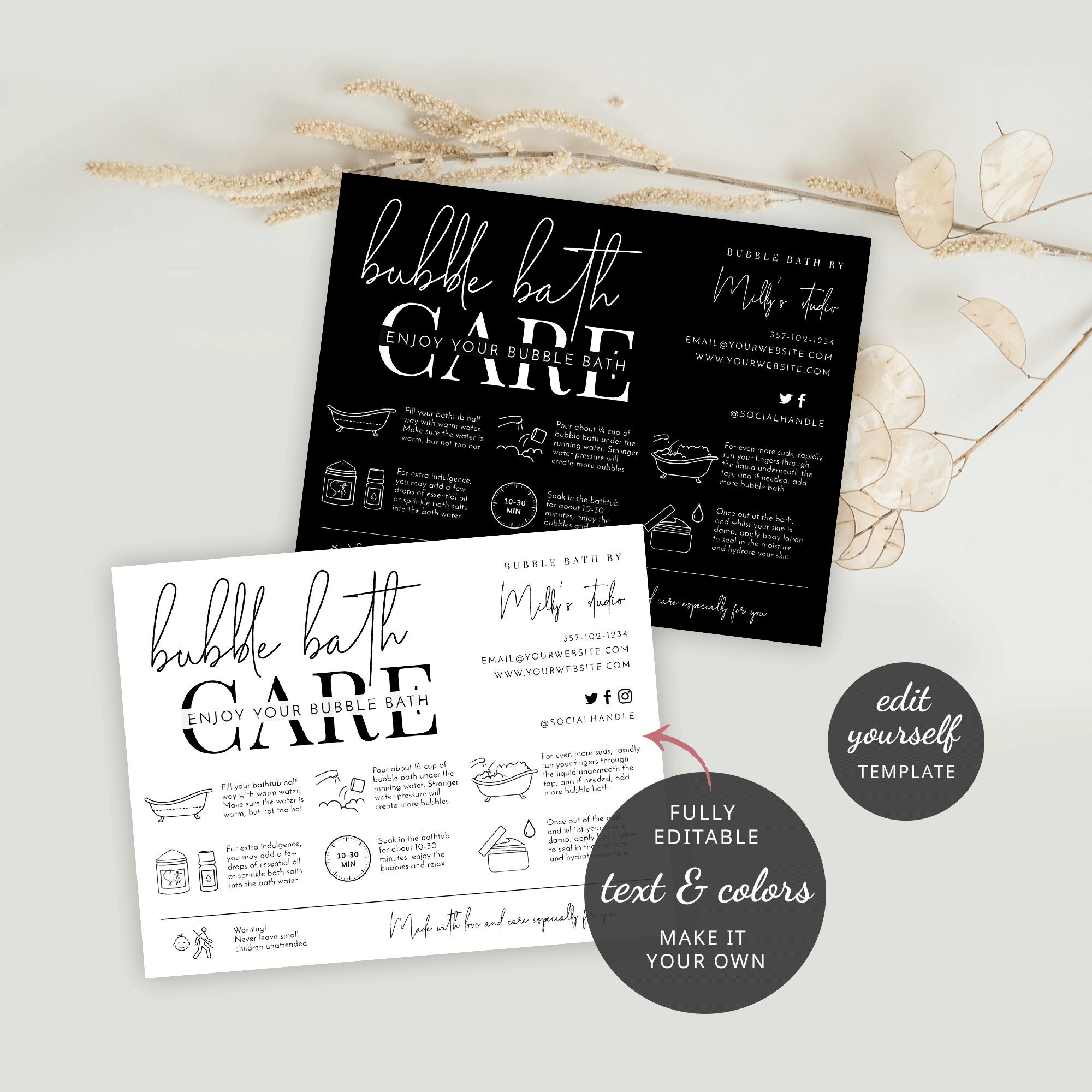 Bubble Bath Care Card Template, Editable Bath Soak Care Guide ...