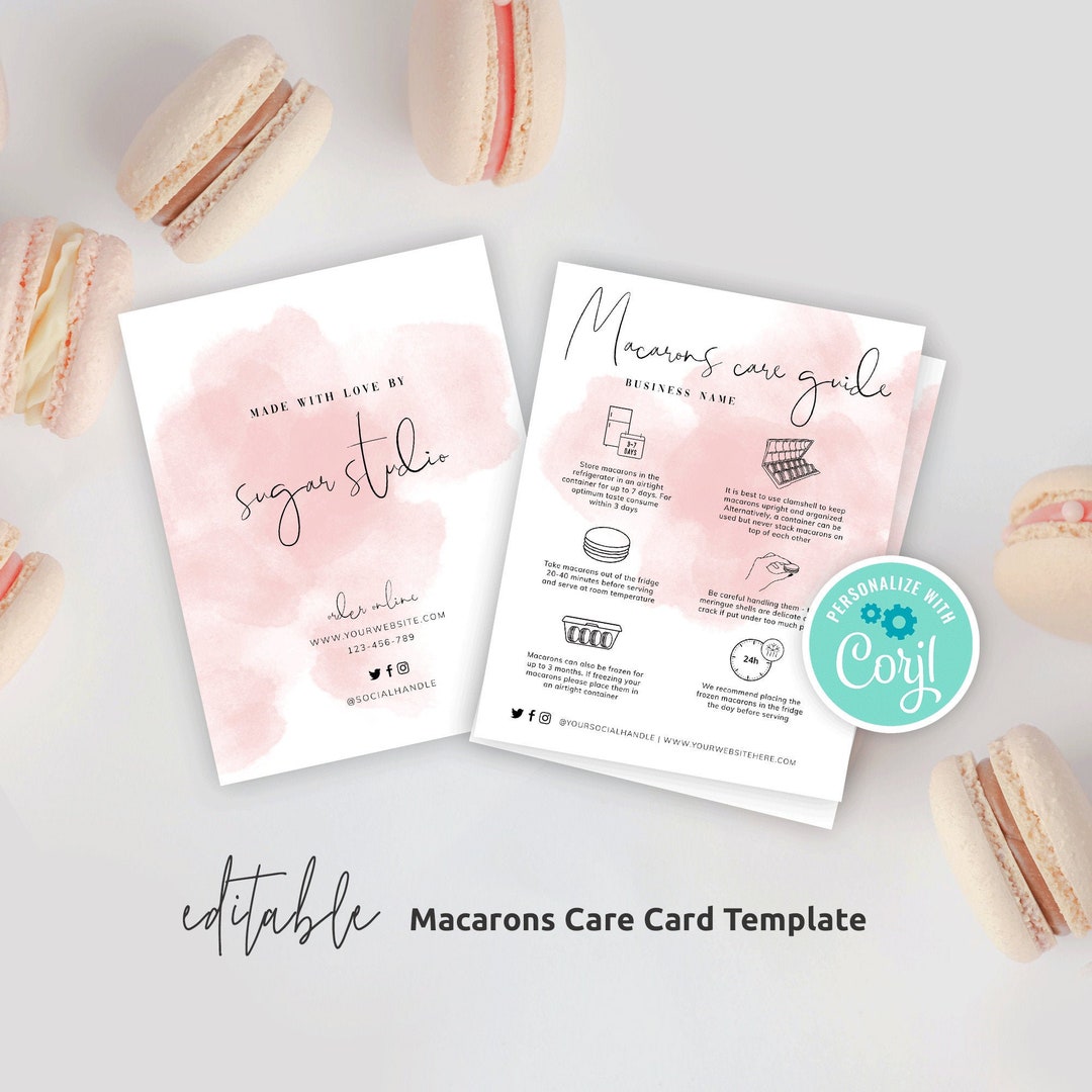 Macarons Care Card Template, Customizable Macaron Care Instructions ...