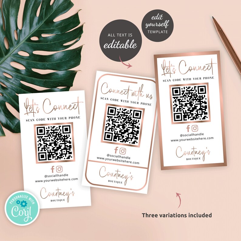Rose Gold QR Code Business Cards Template Customizable Social - Etsy