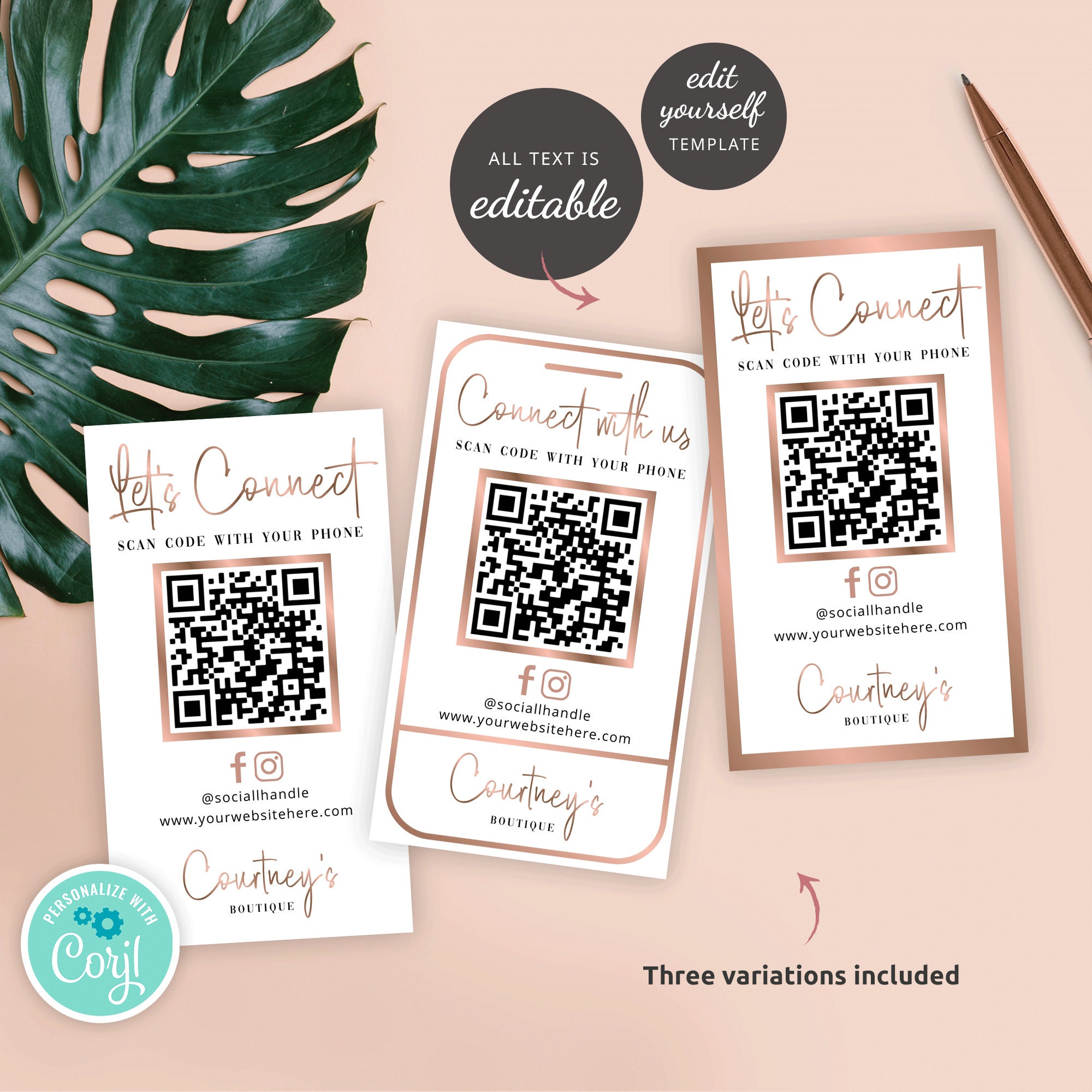 Rose Gold QR Code Business Cards Template Customizable Social - Etsy