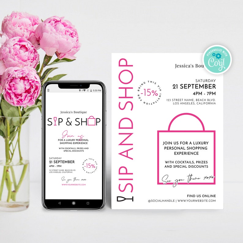 Sip and Shop Invite Template, Editable Boutique Launch Event Invitation ...