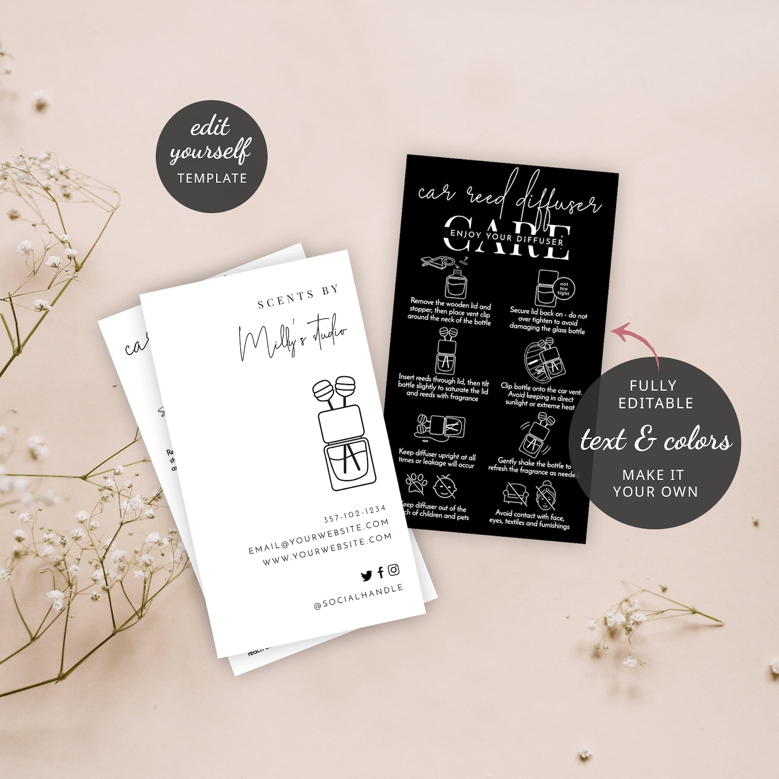 Car Reed Diffuser Care Guide Template, Custom Vent Bottle Diffuser Care ...