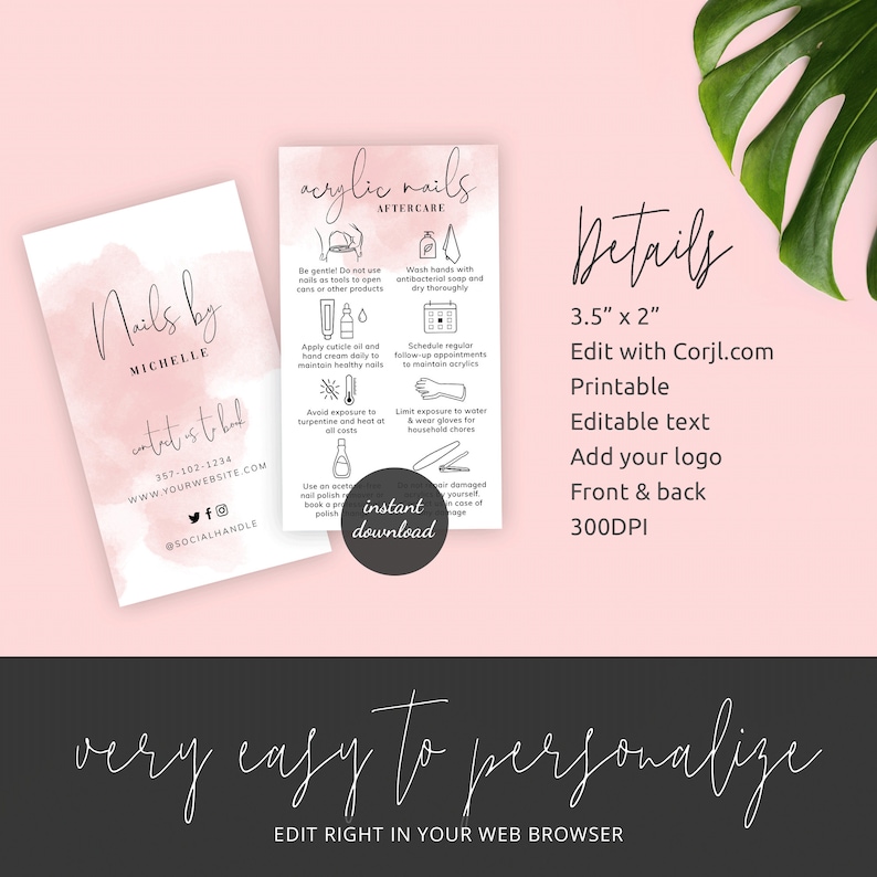 Acrylics Aftercare Card Template, Editable Nail Extensions Care Guide ...