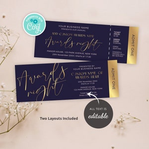 Awards Ticket Template, Navy & Gold, Custom Award Ceremony Entry Pass ...