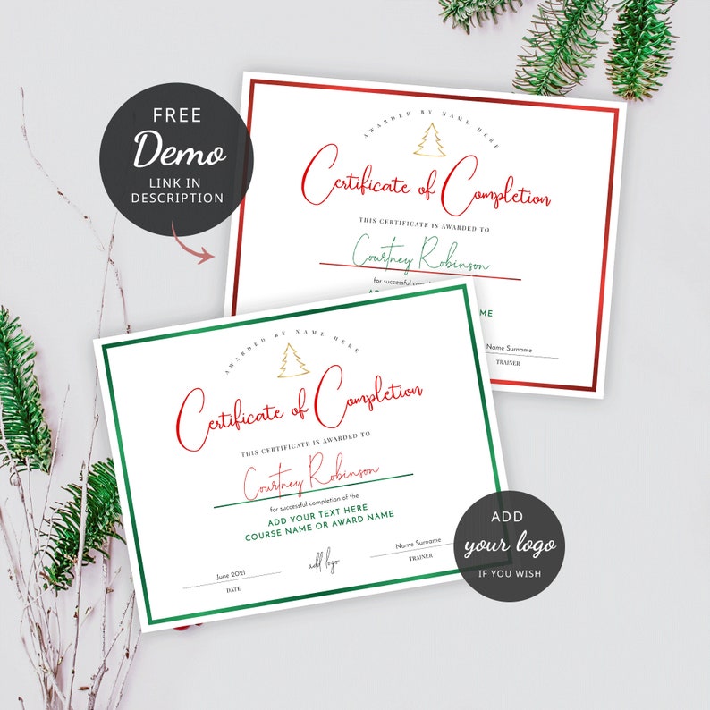 Christmas Award Template Editable Certificate of Completion | Etsy
