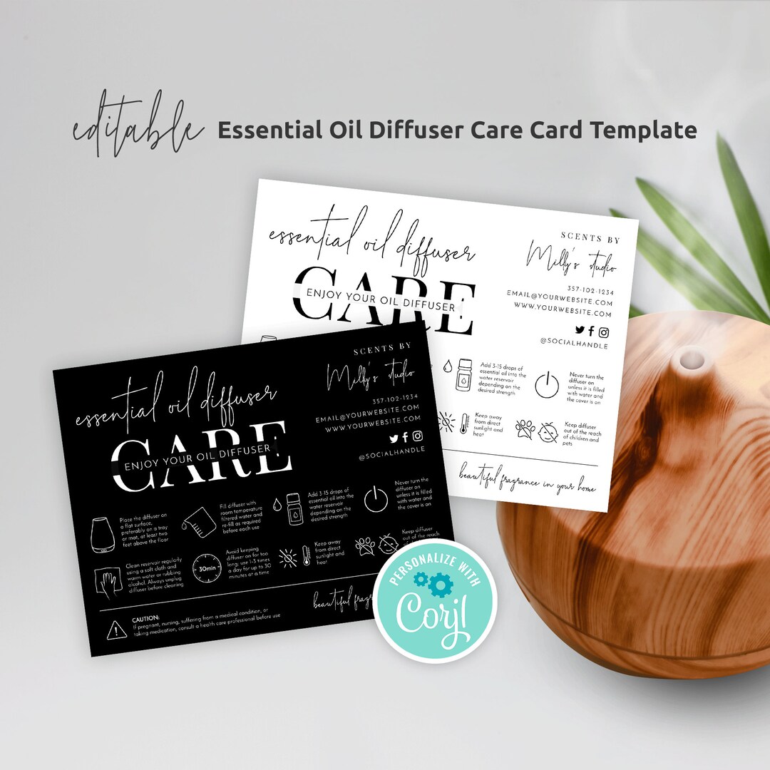 Essential Oil Diffuser Care Card Template, Editable Aromatherapy ...
