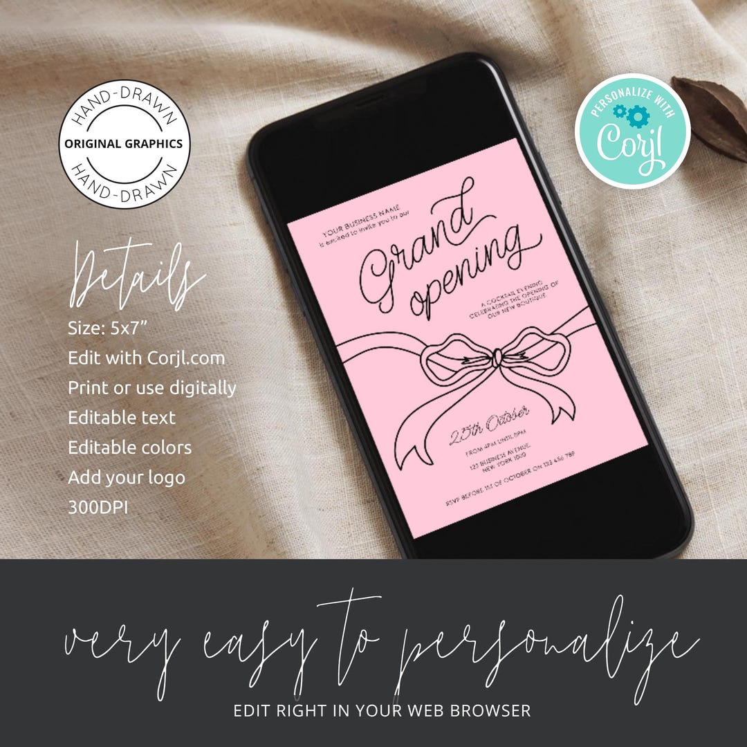Pink Bow Grand Opening Invitation Template, Whimsical Business Launch ...