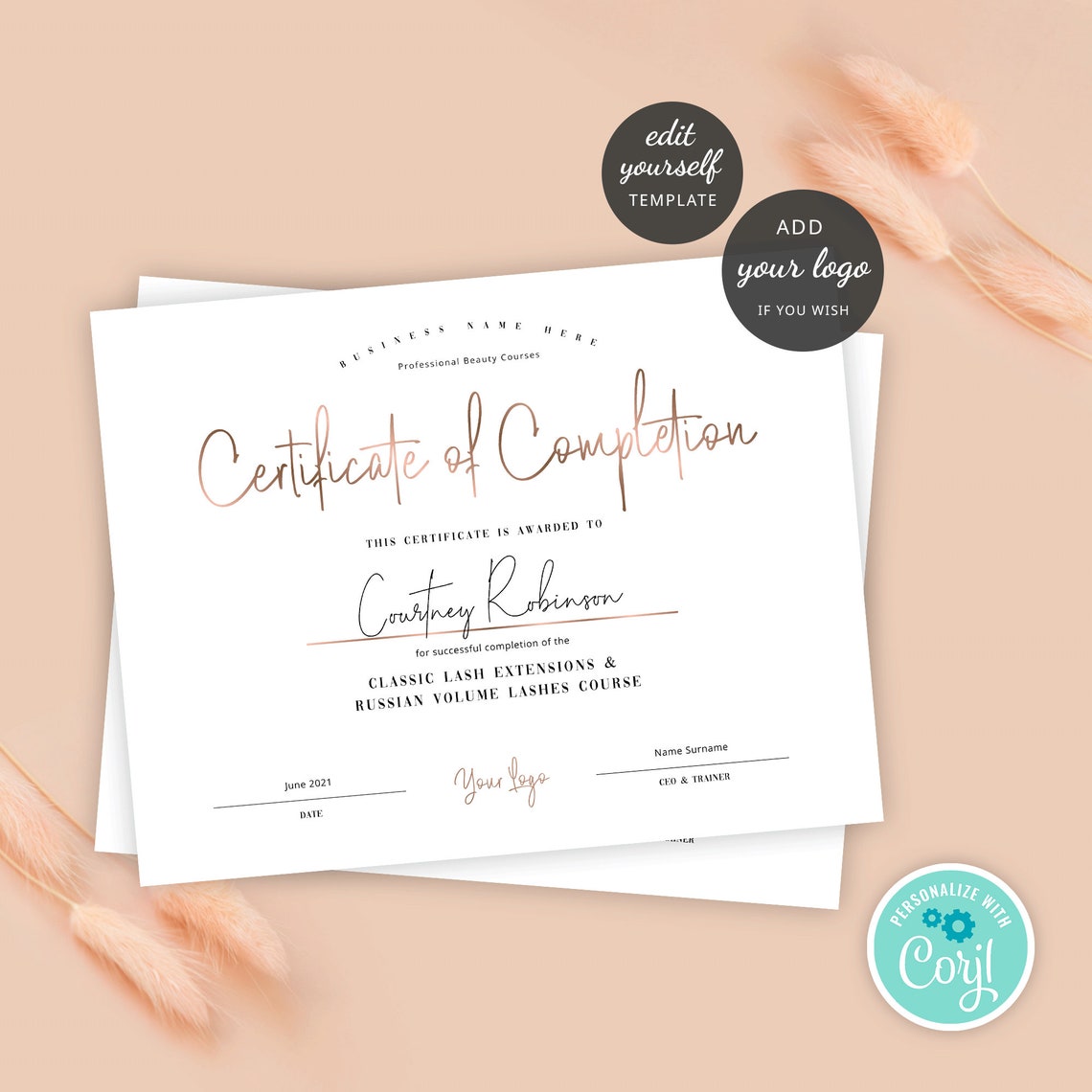 Rose Gold Certificate of Completion Template, Custom Beauty Course ...