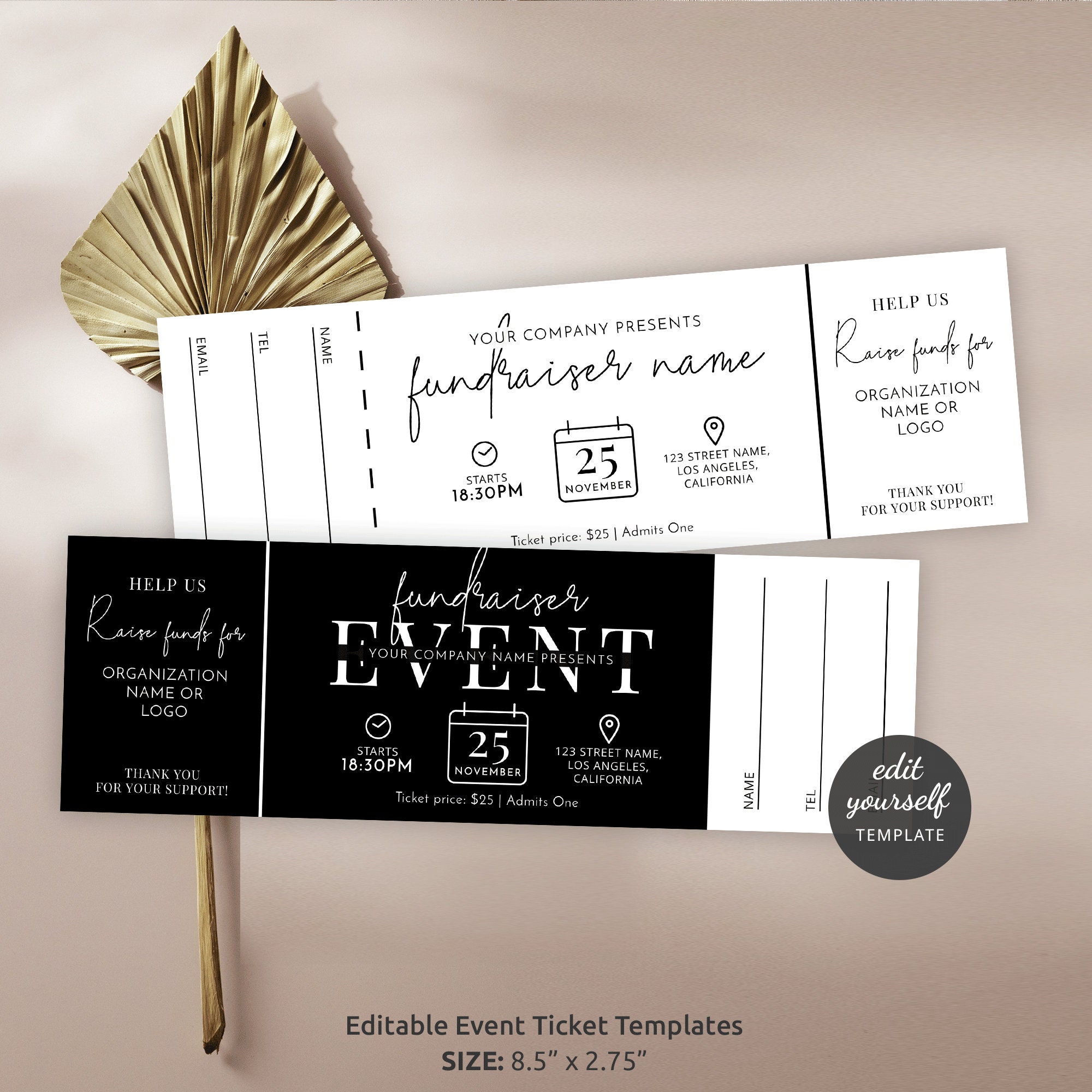 Minimalist Charity Ticket Template, Fundraiser Raffle Token Printable ...
