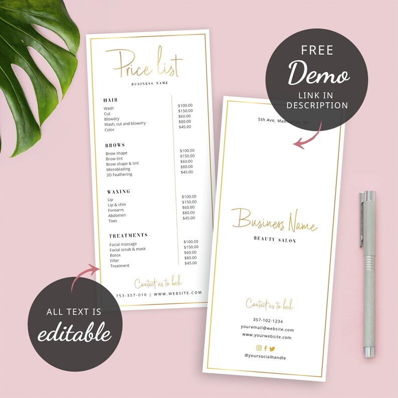 Faux Gold Price List Template Beauty Editable Price List - Etsy