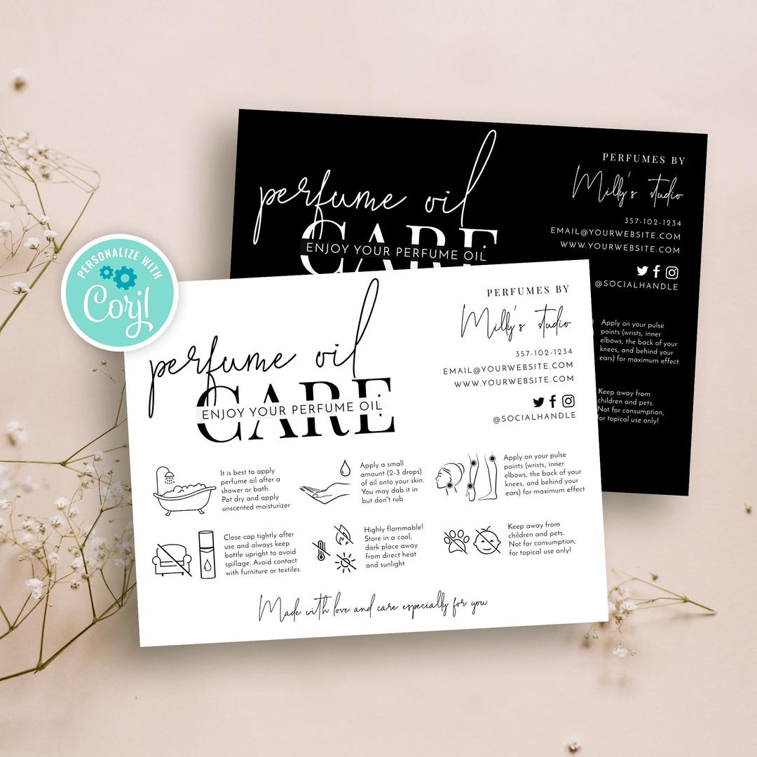 Minimalist Perfume Oil Care Card Template, Customizable Perfumed Oil ...