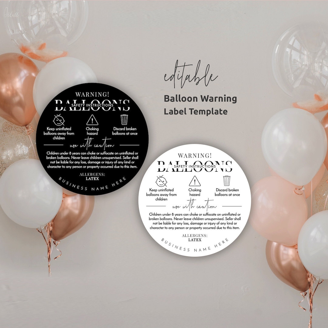 Balloons Warning Label Template, Editable Choking Hazard Sticker, 1.5 ...