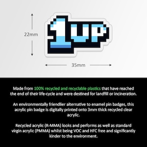 1UP Acrylic Pin Retro Arcade 8bit Pixel Art Video Game Badge Lapel Pin ...