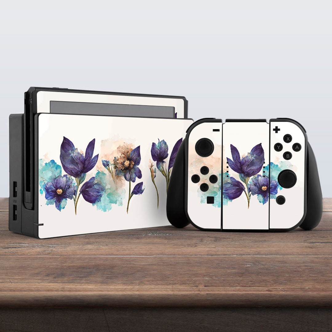 Dark Blue Flowers Watercolor Art Skin Sticker Decal Nintendo Switches ...