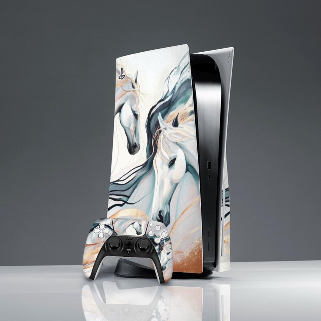 Aesthetic Horses White Animal Art PS 5 Console Cover Marble Stone PS 5 Controller Aesthetic Art ...