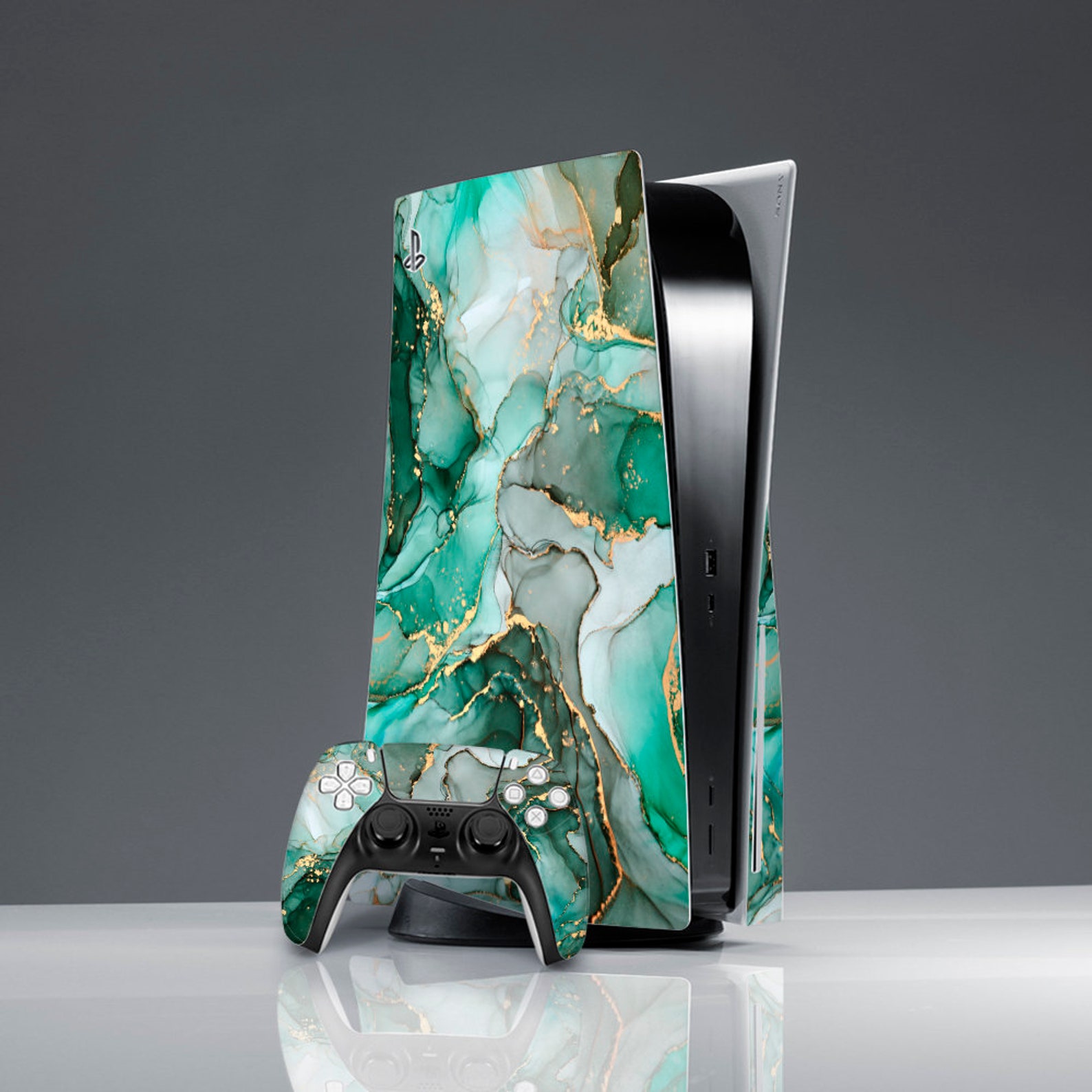 PS5 skin marble PlayStation 5 Skin green gold ink Console and | Etsy