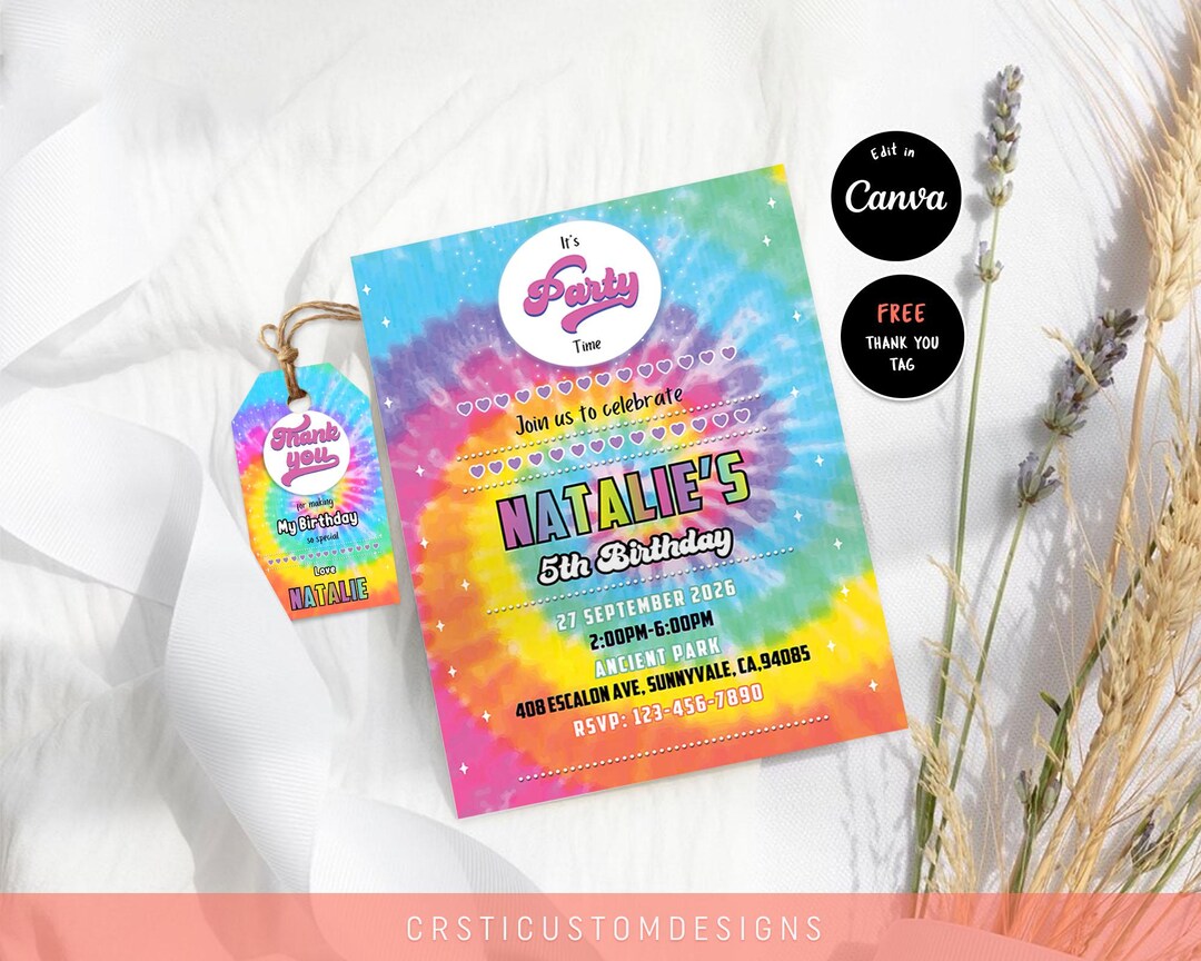 Editable Tie Dye Birthday Invitation | Rainbow Party | Summer Invite ...