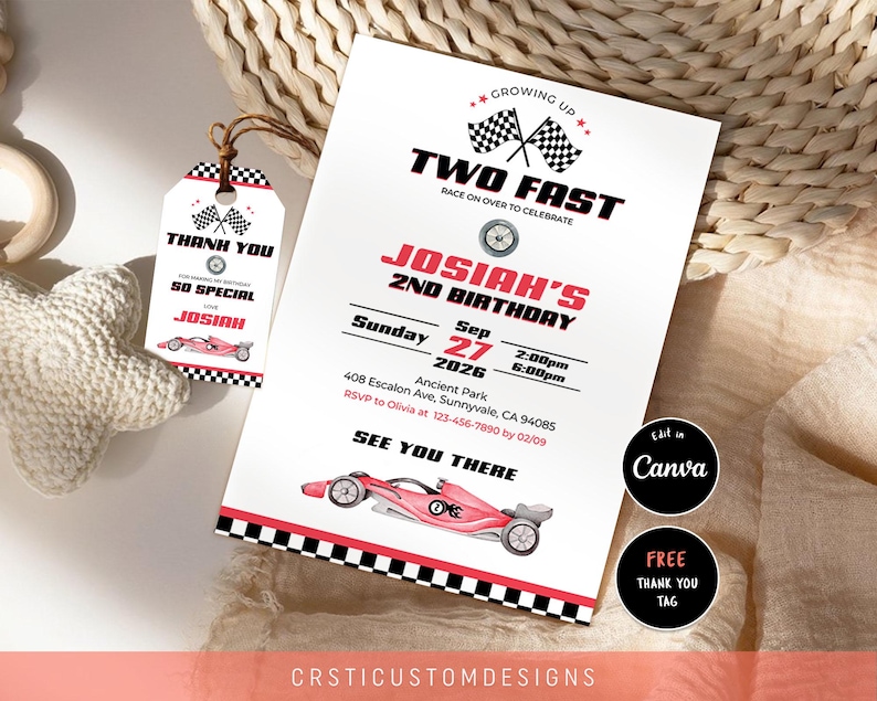 Editable Race Car 2nd Birthday Invitation | Two Fast Canva Template ...