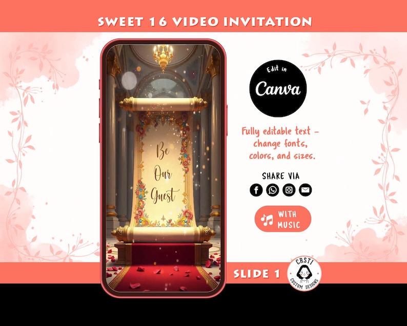 Sweet 16 Princess Belle Video Invitation | Editable Canva Sweet Sixteen ...