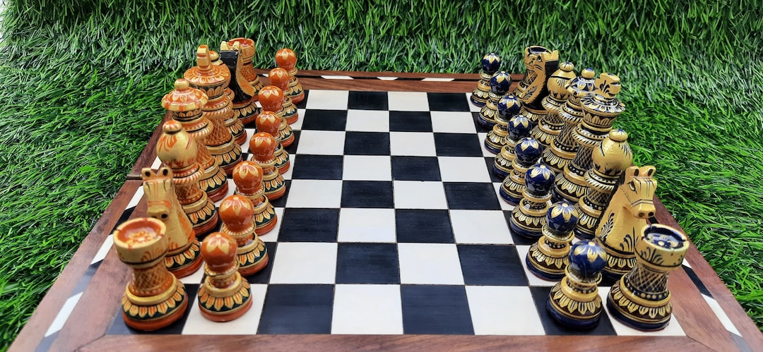 Wooden Chess Set ,royal Blue-orange Chess Pieces, Handmade Chess Set ...
