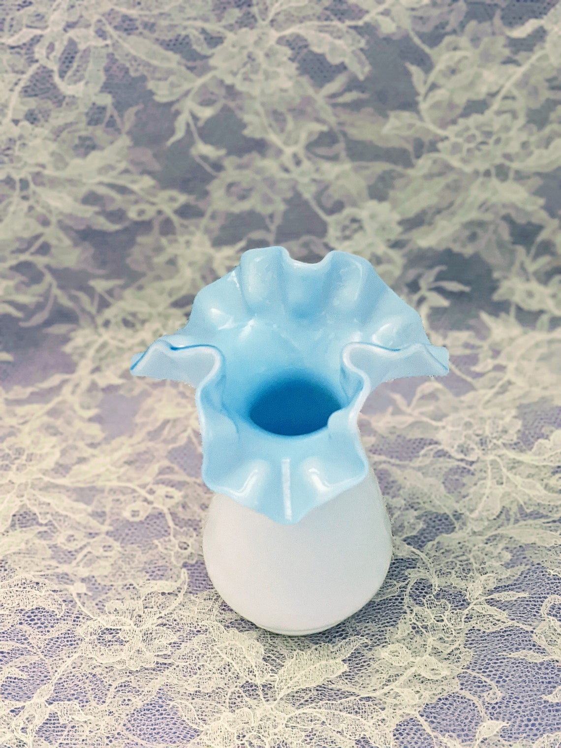 Small Vintage White Vase w/ Ruffled Blue Top | Etsy