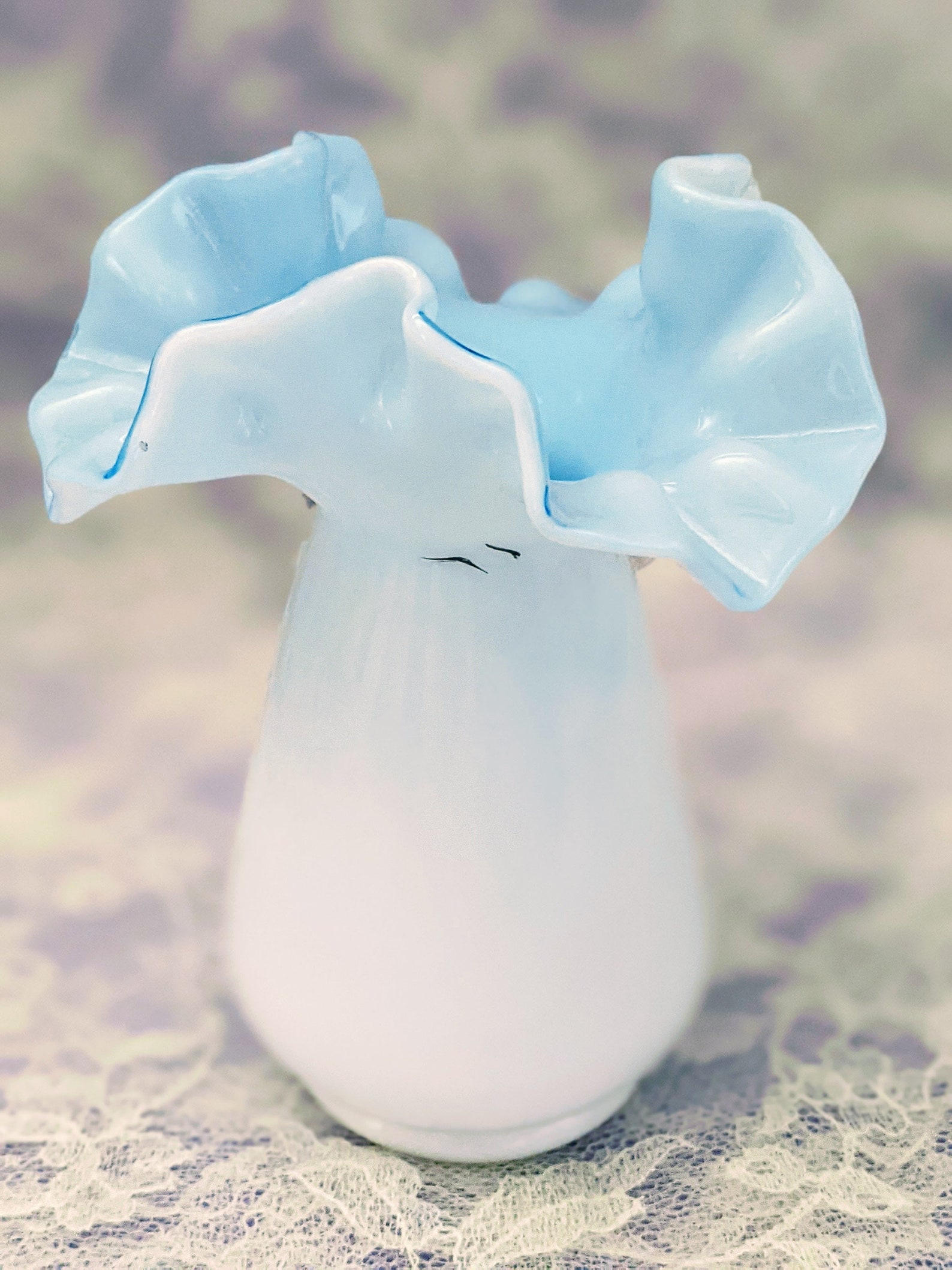 Small Vintage White Vase w/ Ruffled Blue Top | Etsy