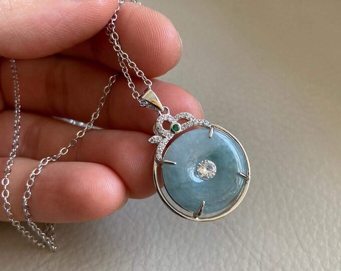 Round Shape Jadeite Jade Pendant With 925 Silver Plate, Light Green ...