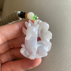 Nine-tailed Fox Jadeite Jade Pendant for Necklace, Light Green & White ...