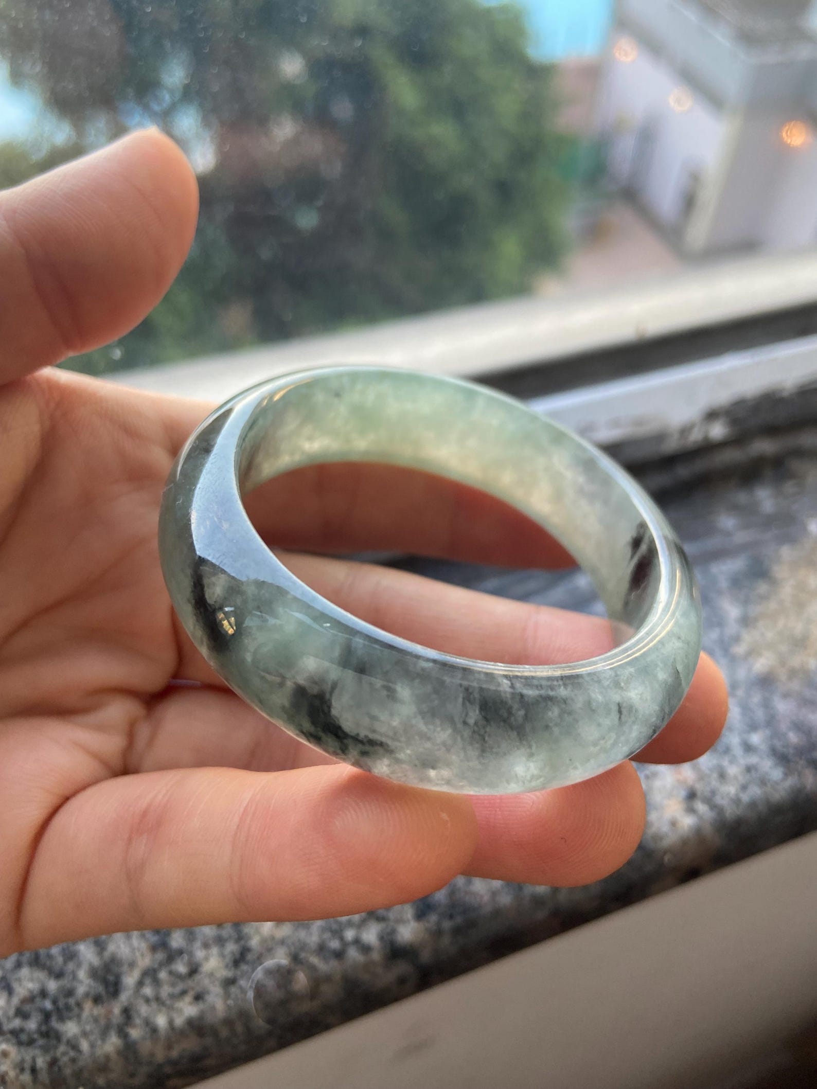 Jade Bangle 50.0mm (1.97"), Oval Shape, Smoky Gray & Green, Natural ...