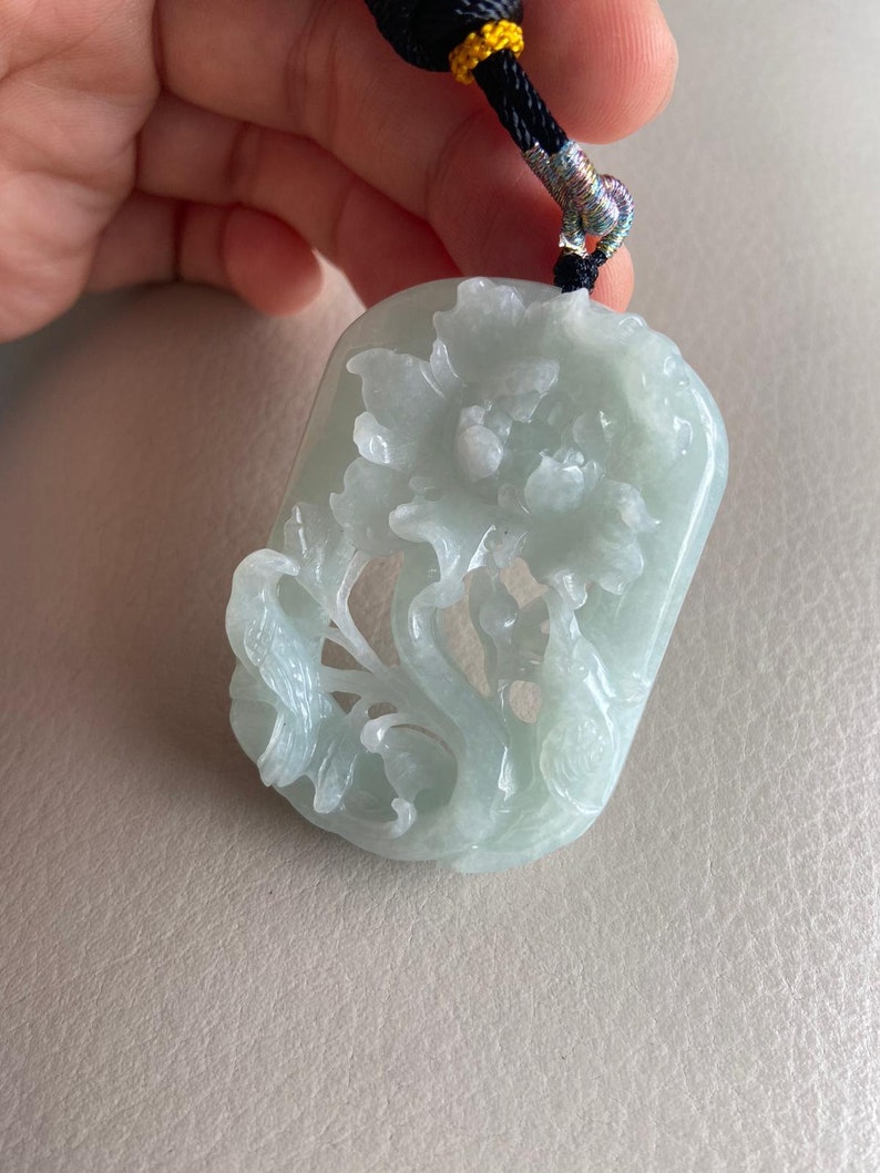 Flower & Bird Jadeite Jade Pendant, Light Green, Natural Grade A Jade ...