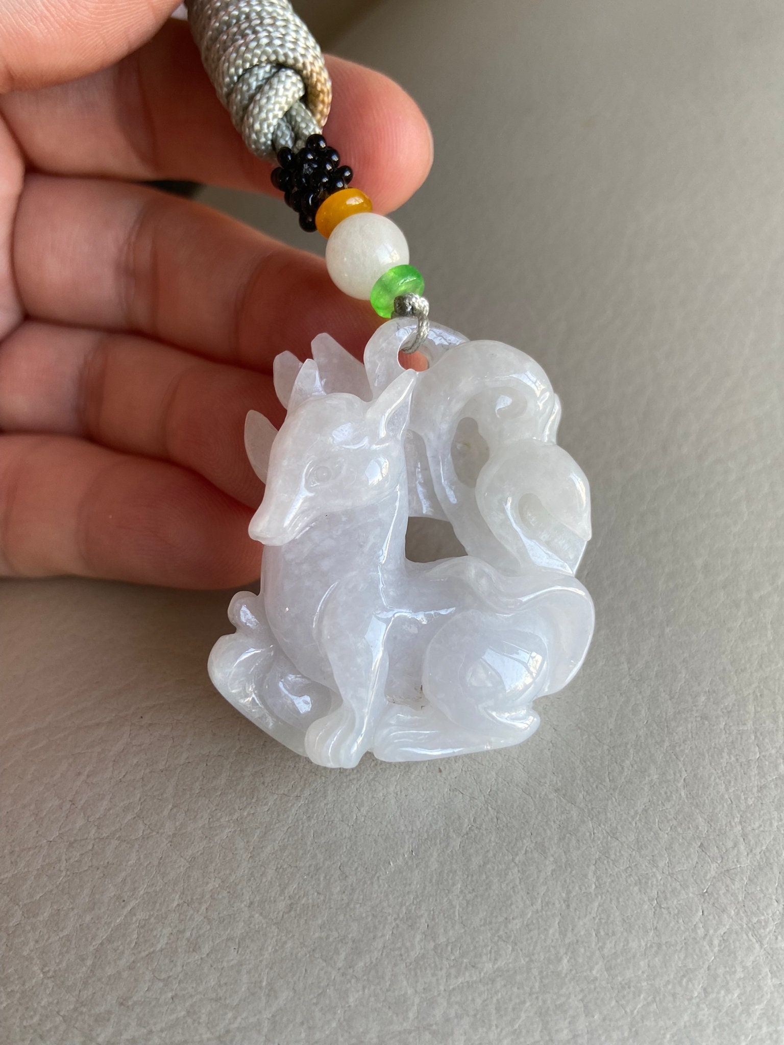 Nine-tailed Fox Jadeite Jade Pendant for Necklace, Light Green & White ...