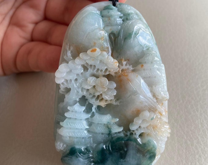 Carved Landscape Jadeite Jade Pendant, Chinese Style Scenery, Bridge ...