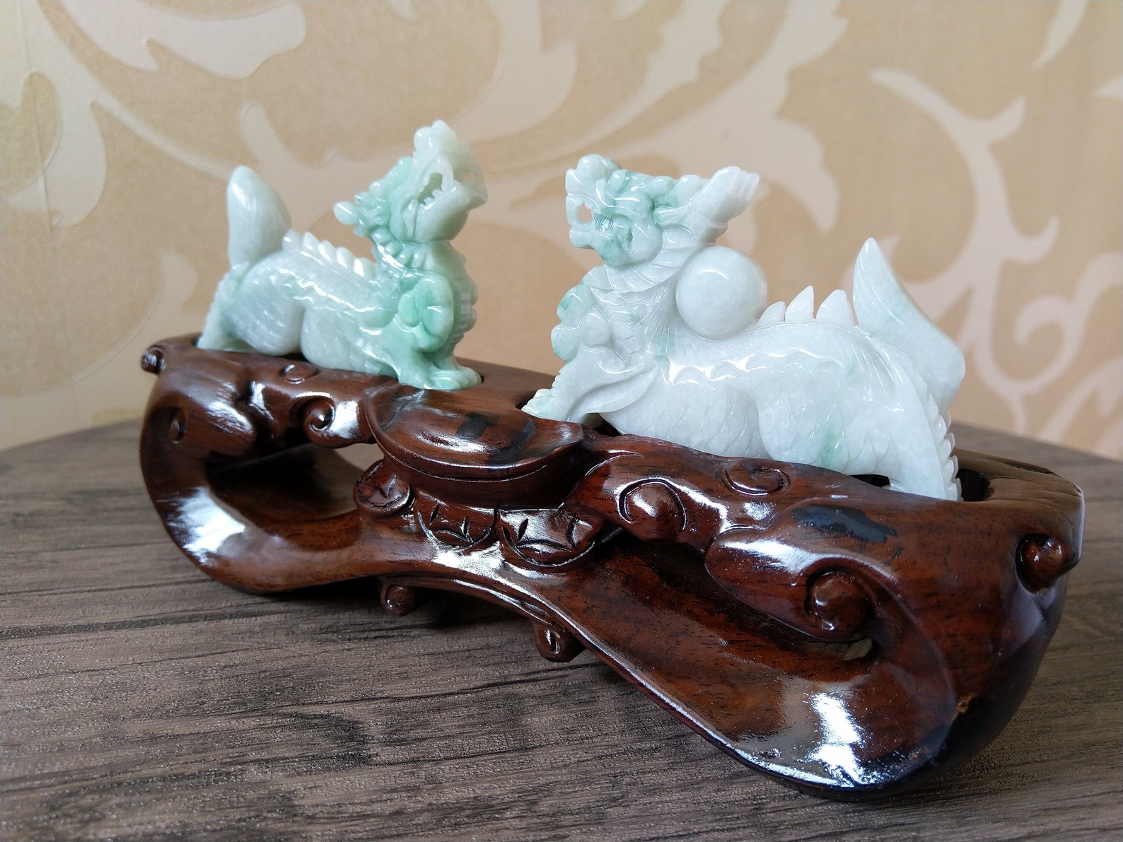 Chinese Qilin Kirin Jadeite Jade Statue With Wooden Base, Natural Grade ...