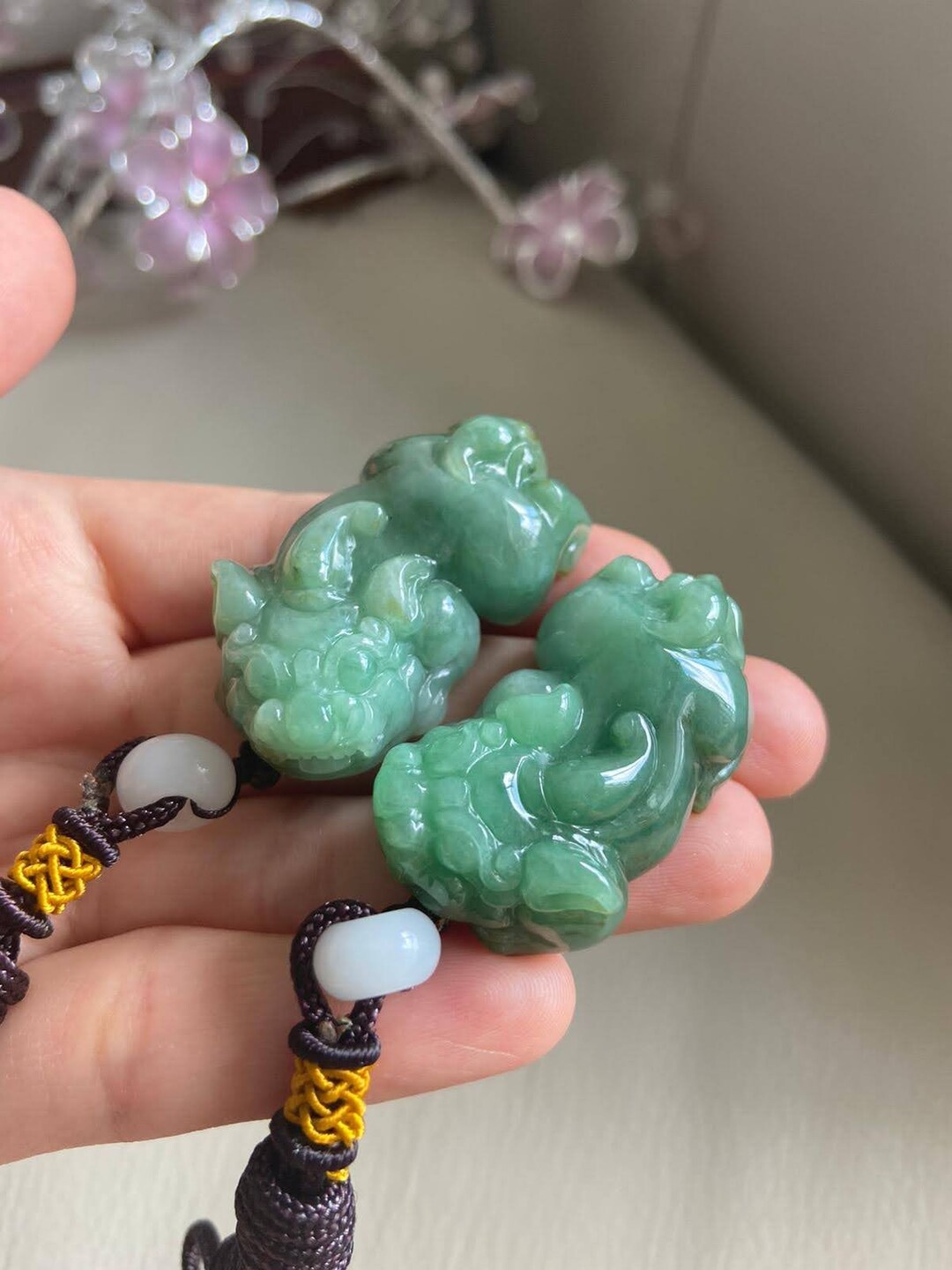 Chinese Pixiu (貔貅) Jadeite Jade Pendants, Pair, Green, Natural Grade A ...