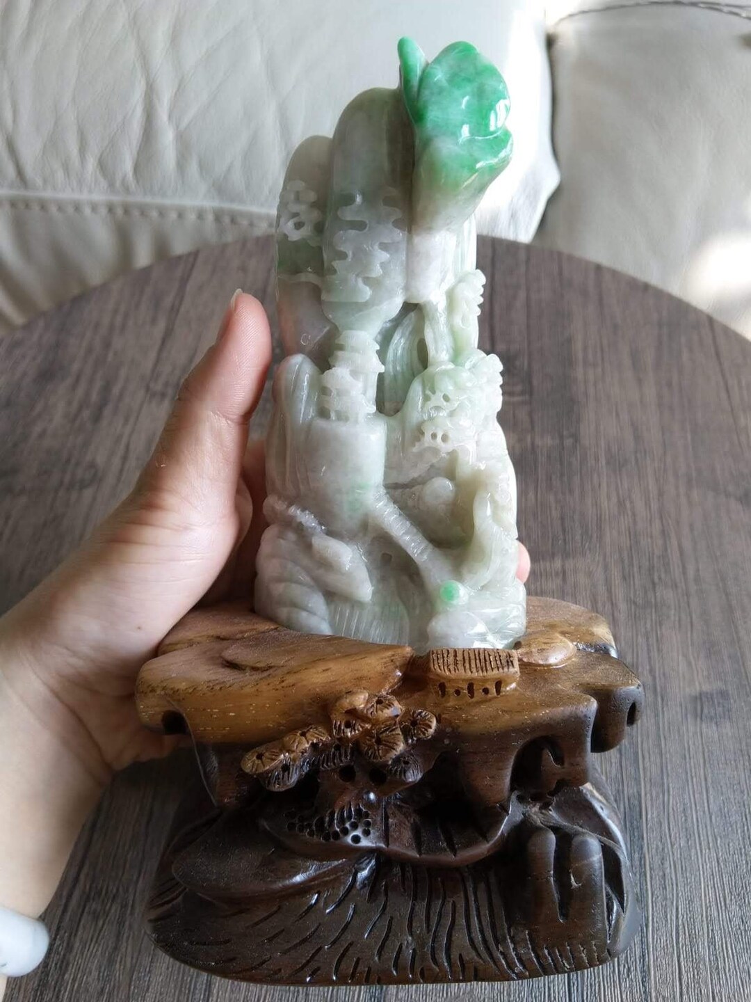 Chinese Outdoor Landscape Jadeite Jade Statue With Wooden Base, Natural ...