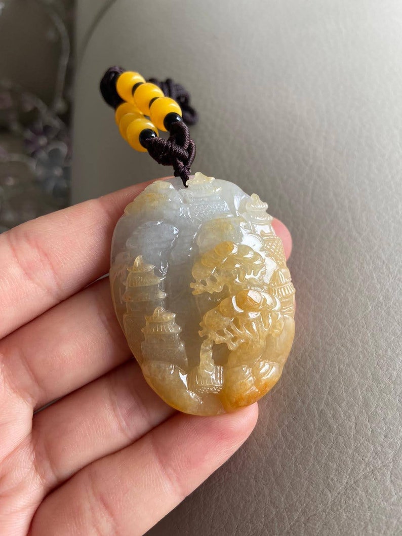 Carved Landscape Jadeite Jade Pendant, Chinese Style Scenery, Bridge ...