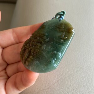Carved Landscape Jadeite Jade Pendant, Green & Yellowish Brown, Bridge ...