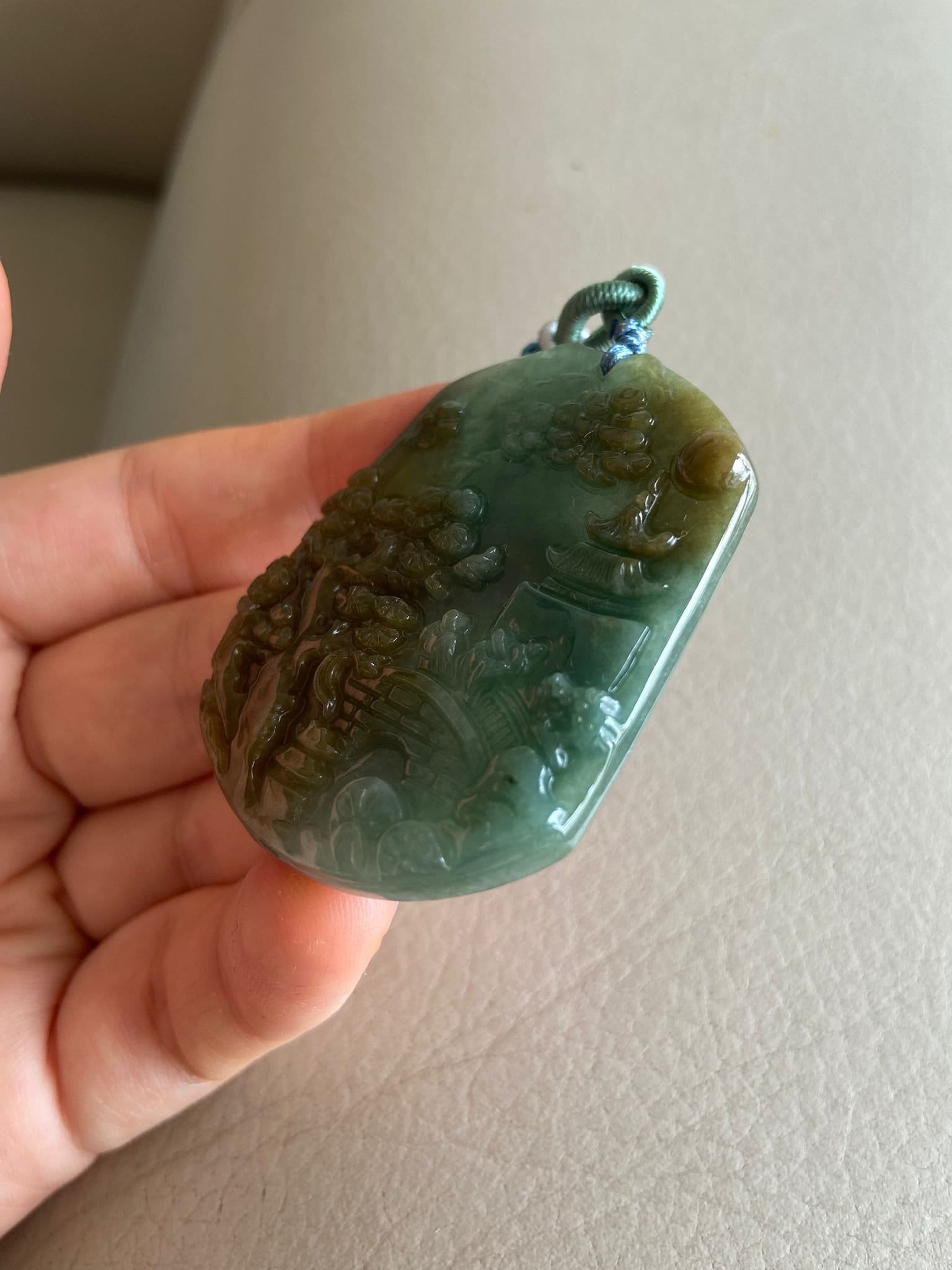 Carved Landscape Jadeite Jade Pendant, Green & Yellowish Brown, Bridge ...
