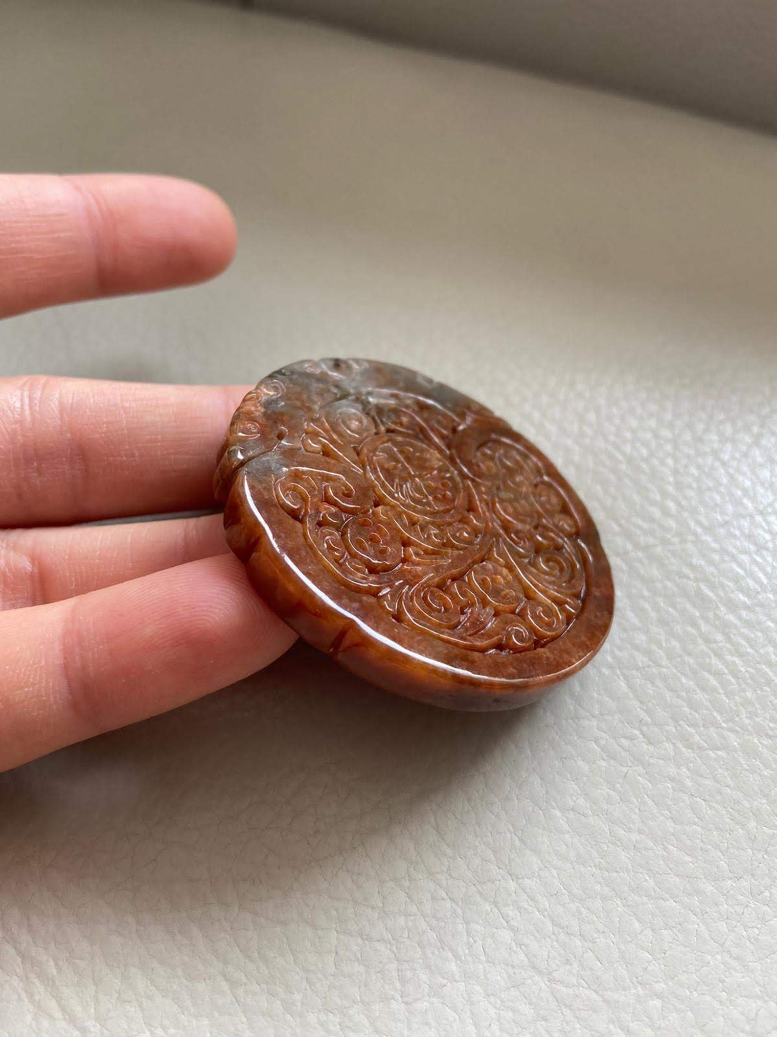 Antique Style Carved Jade Pendant, Light Brown, Natural Grade A Jade ...