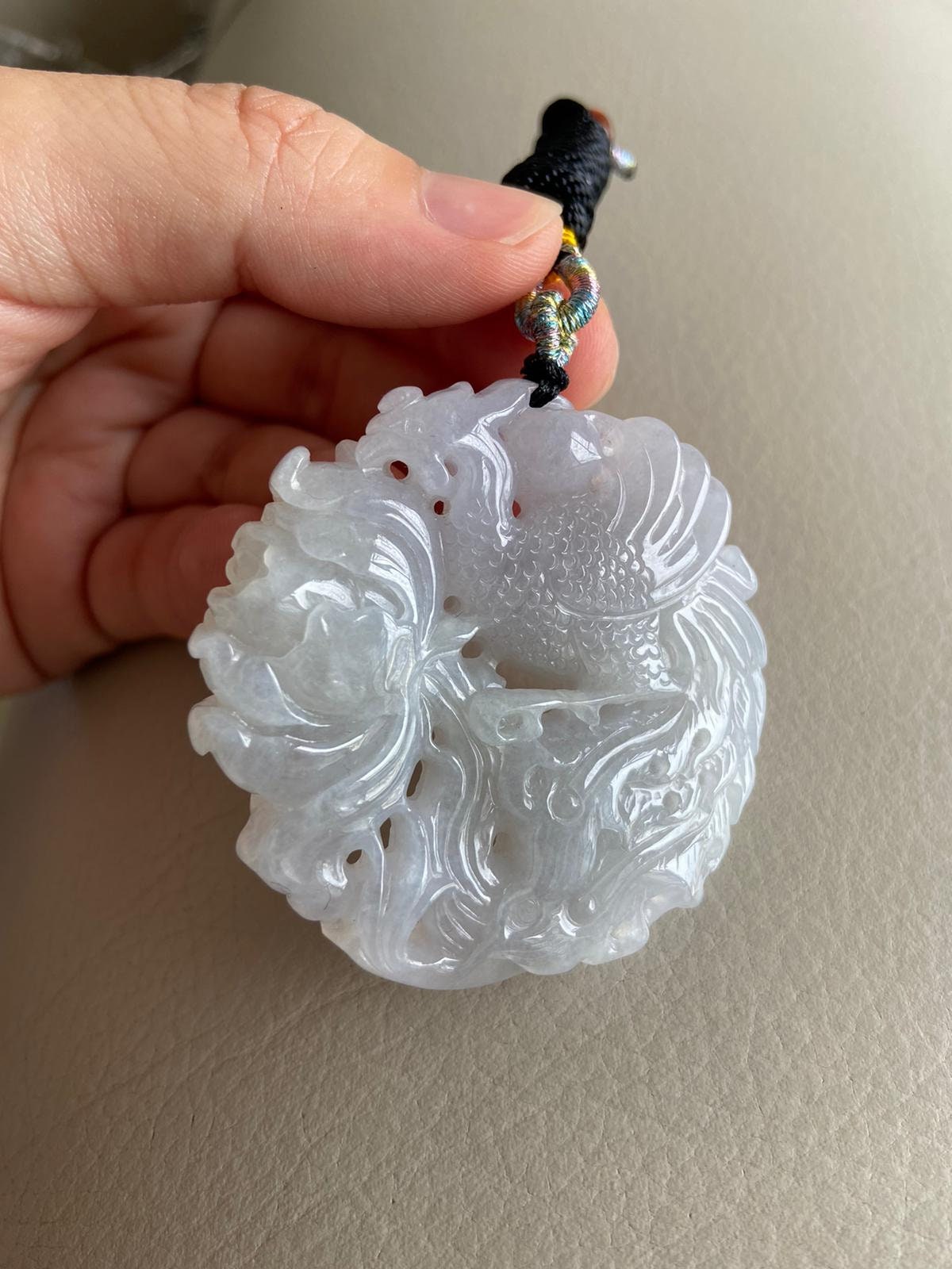 Chinese Phoenix & Flower Jadeite Jade Pendant, Light Green, Natural ...