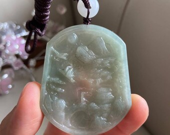 Carved Landscape Jadeite Jade Pendant, Chinese Style Scenery, Bridge ...