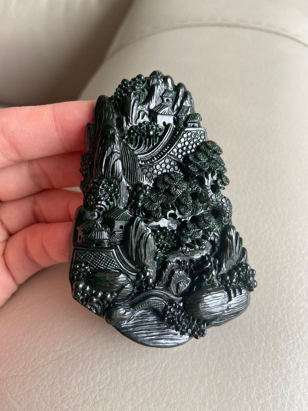 Carved Landscape Jadeite Jade Pendant, Chinese Style Scenery, Bridge ...